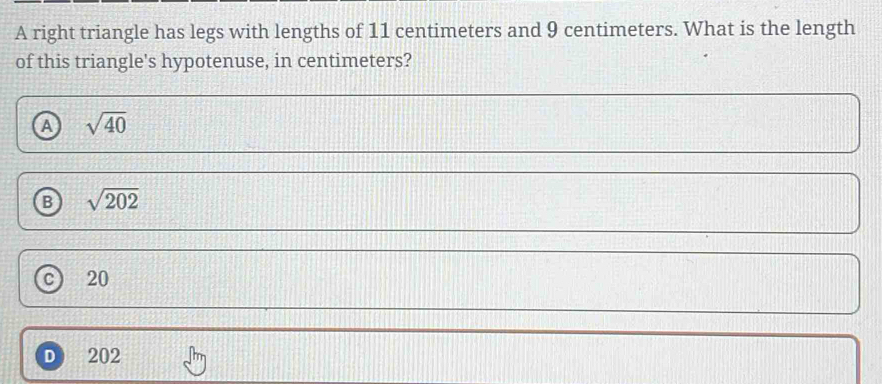 Solved: A right triangle has legs with lengths of 11 centimeters and 9 ...