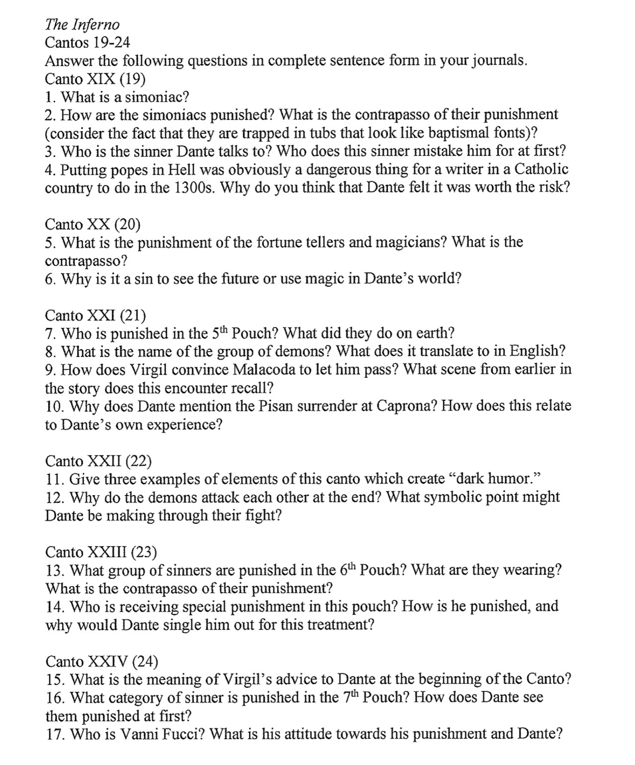 Solved: The Inferno Cantos 19-24 Answer the following questions in ...