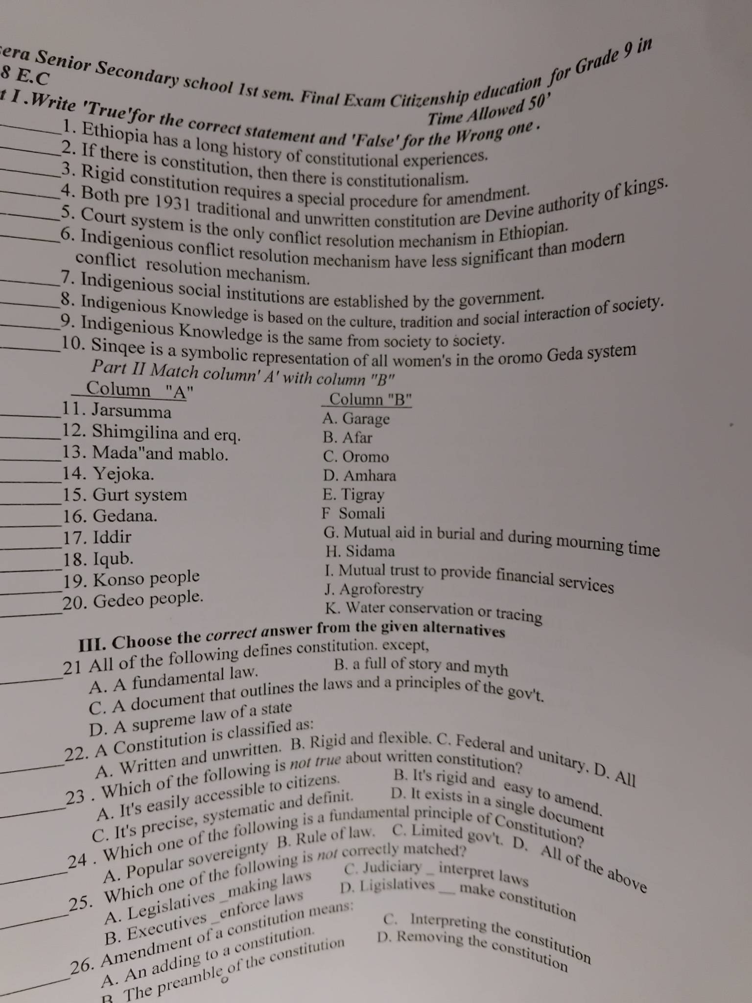 Gelöst:vera Senior Secondary school 1st sem. Final Exam Citizenship ...