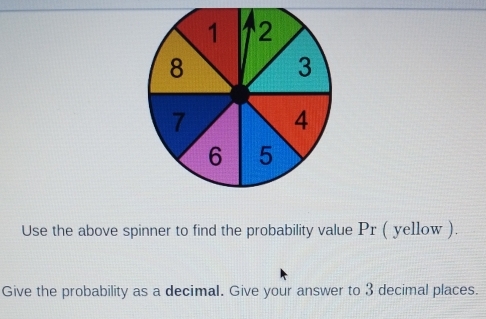 Solved: Use the above spinner to find the probability value Pr ( yellow ). Give the probability ...