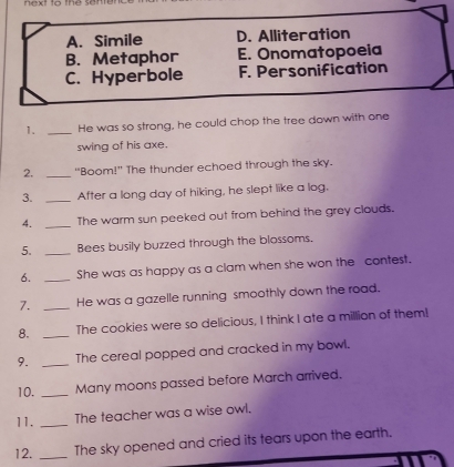 Solved: A. Simile D. Alliteration B. Metaphor E. Onomatopoeia C ...