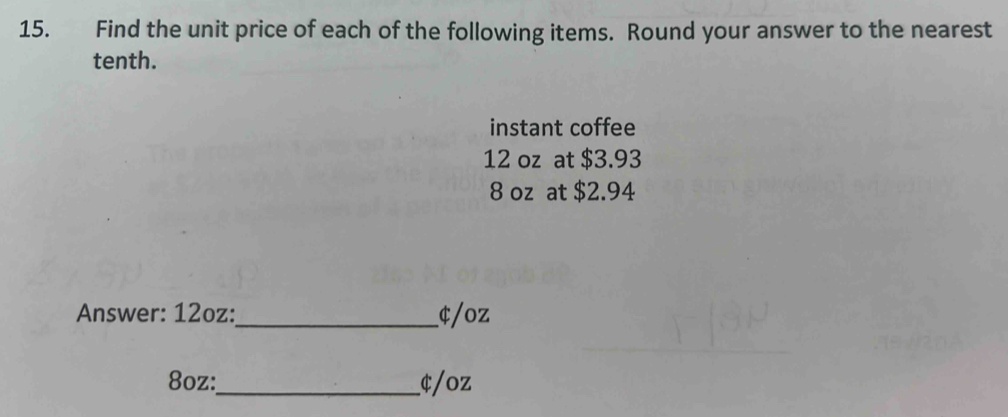 Solved: Find the unit price of each of the following items. Round your ...