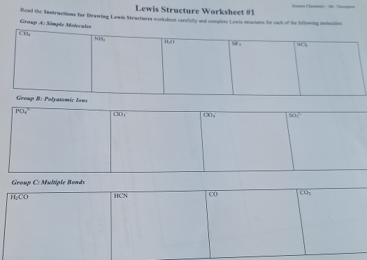 Solved: Lewis Structure Worksheet #1 Honors Chrnistry - Mr. Thepson ...