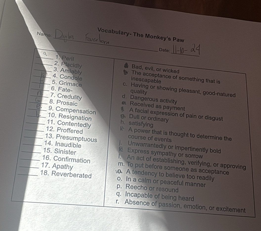 Solved: Name Vocabulary- The Monkey's Paw [Others]