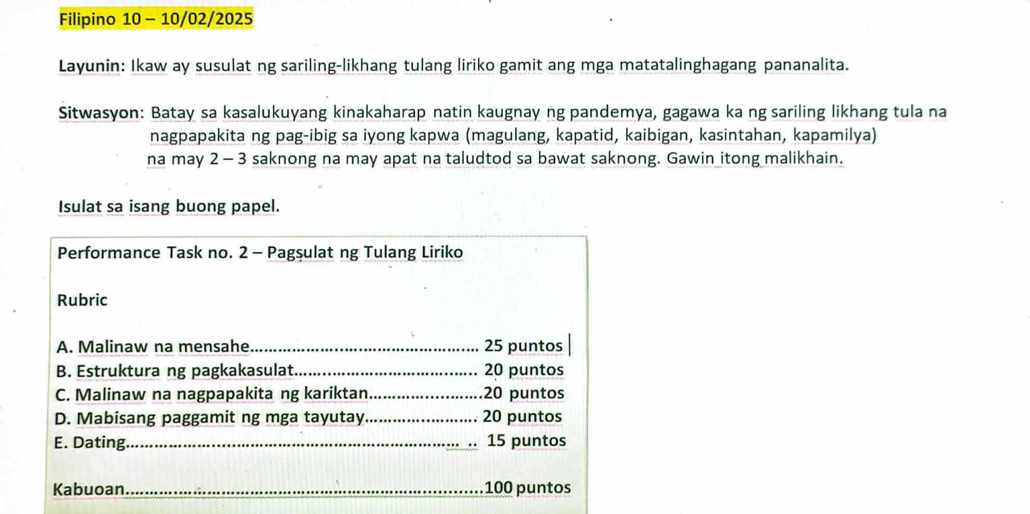 Solved: Filipino 10 - 10/02/2025 Layunin: Ikaw ay susulat ng sariling ...