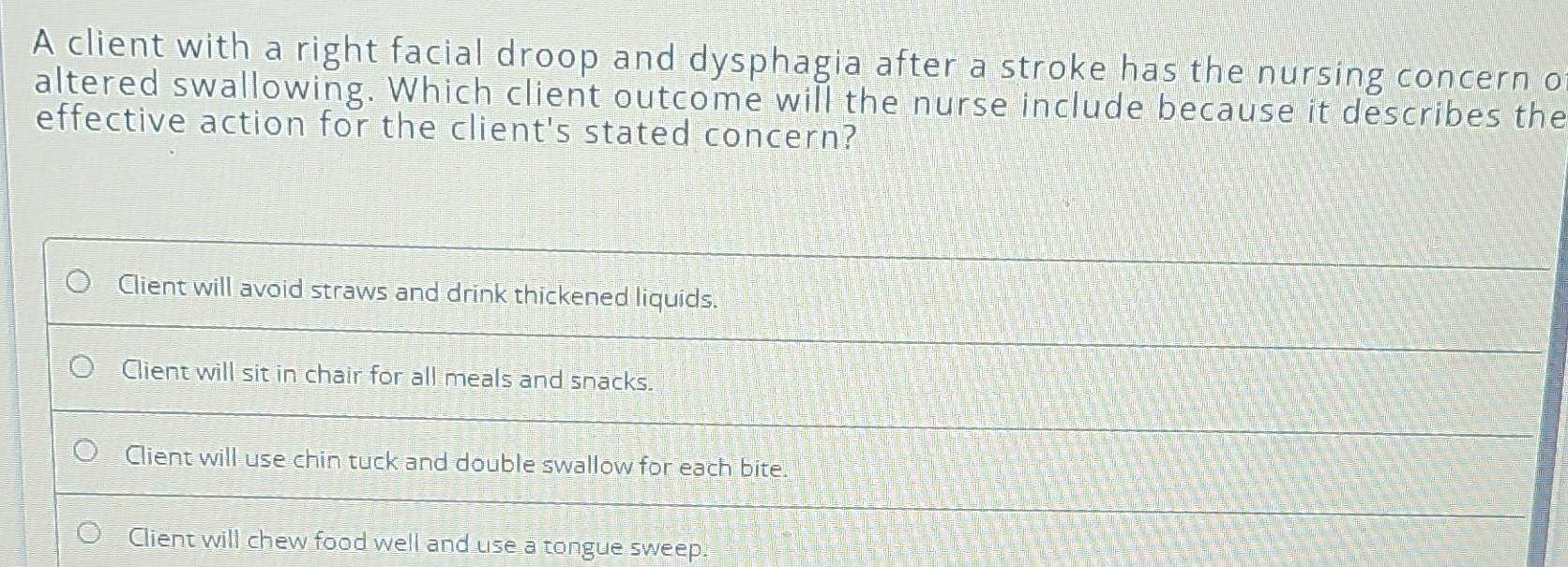 Solved: A client with a right facial droop and dysphagia after a stroke ...
