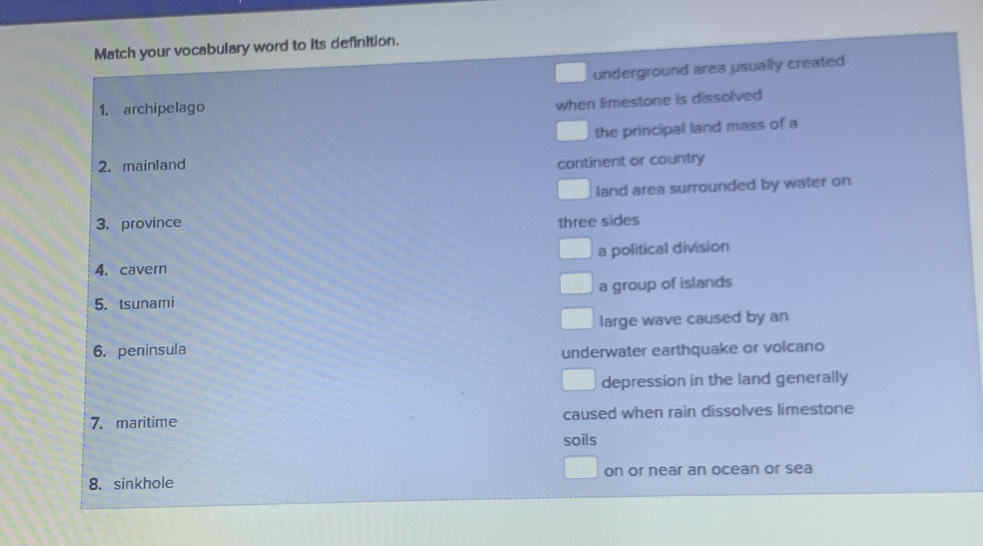 Solved: Match your vocabulary word to its definition. underground area ...