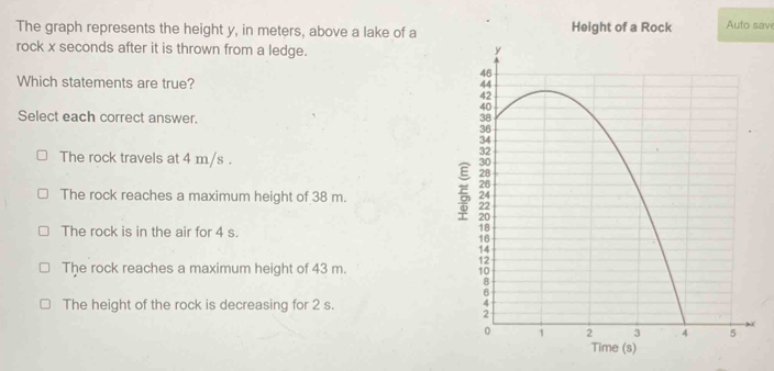 Solved: The graph represents the height y, in meters, above a lake of a ...