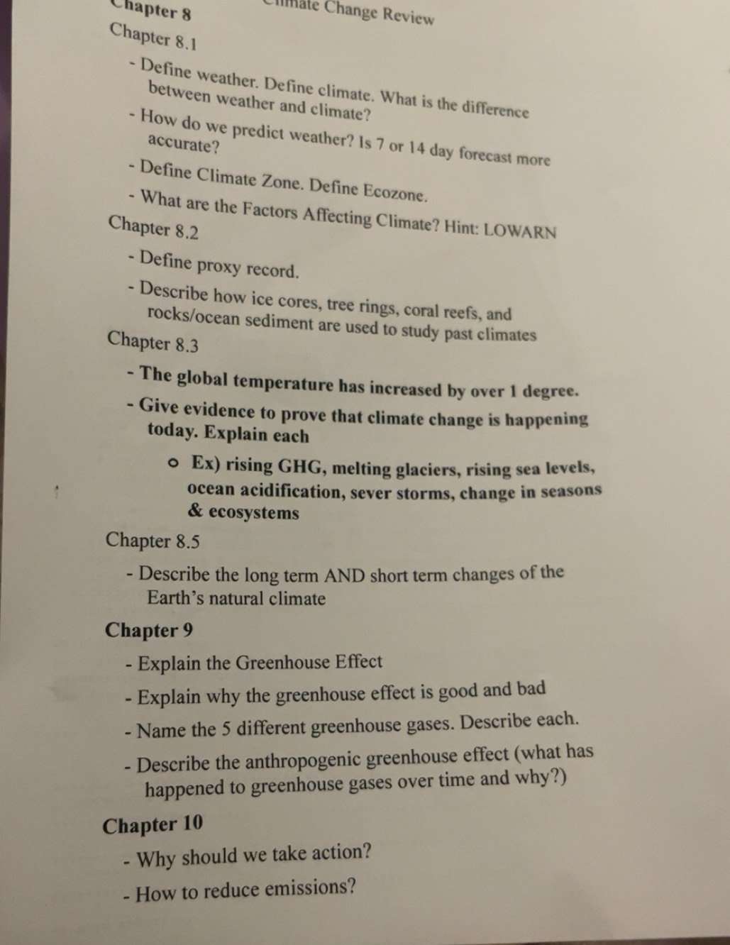 Solved: Chapter 8 Chimâte Change Review Chapter 8.1 - Define weather ...