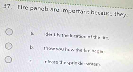 Solved: Fire panels are important because they: a. identify the ...