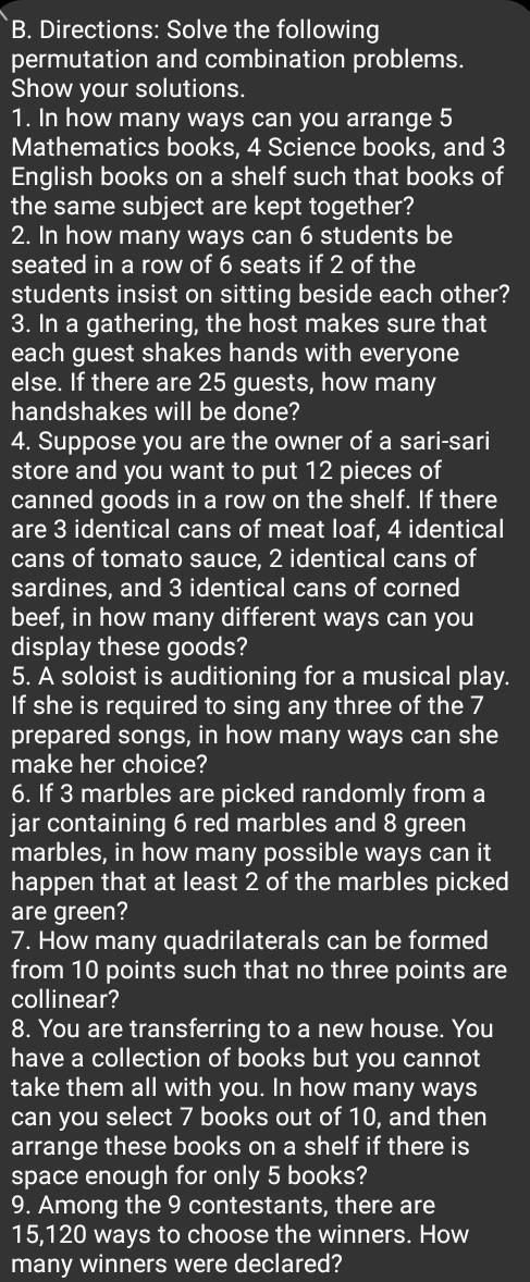Solved: Directions: Solve the following permutation and combination ...