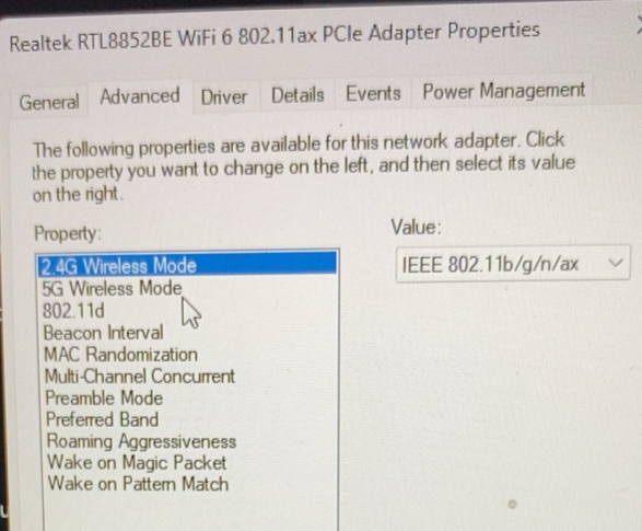 Solved: Realtek RTL8852BE WiFi 6 802.11ax PCle Adapter Properties ...