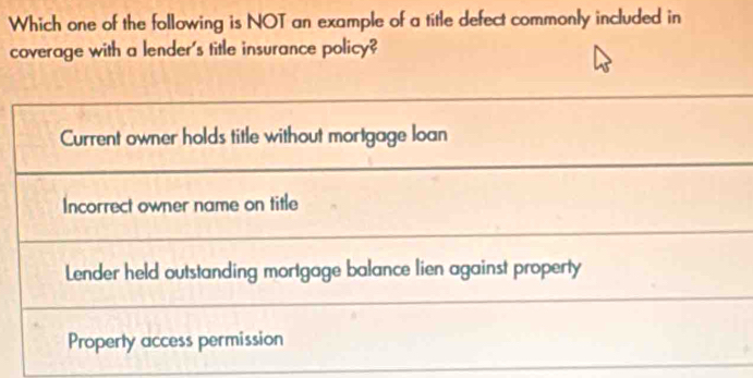 Solved: Which one of the following is NOT an example of a title defect ...