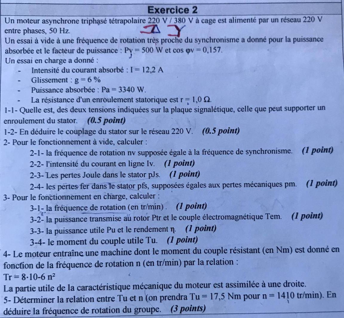 Solved: Un moteur asynchrone triphasé tétrapolaire 220 V / 380 V à cage ...