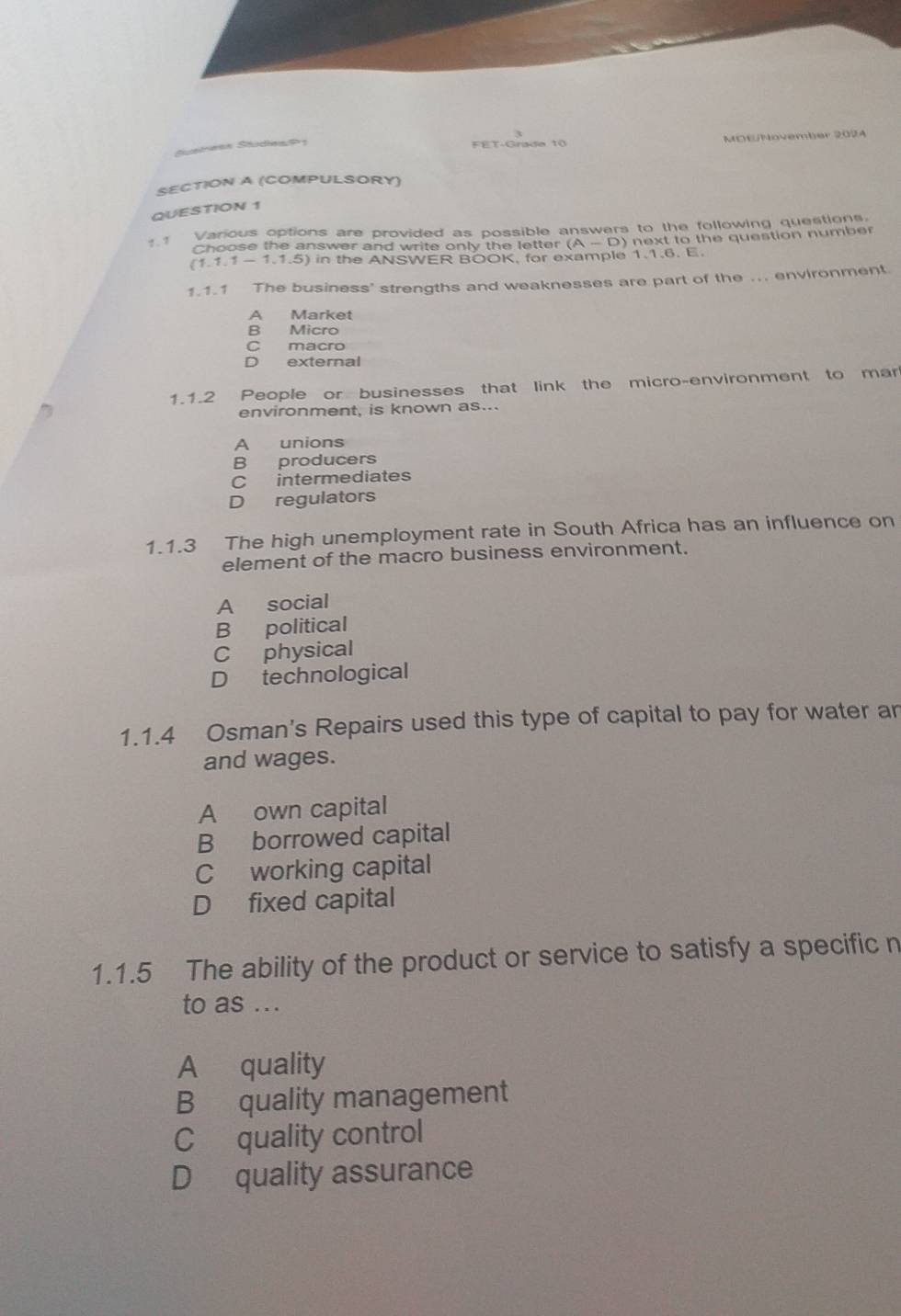 Gelöst:Süetrenn Studien MDENovember 202A FET-Grade 10 SECTION A ...