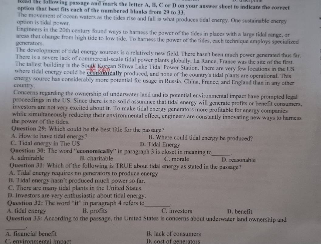 Giải quyết:Read the following passage and mark the letter A, B, C or D ...