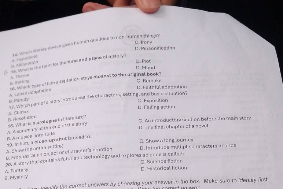 Solved: C. Irony D. Personification B. Alliteration A. Hyperbole 14 ...