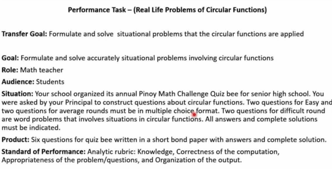 Solved: Performance Task - (Real Life Problems of Circular Functions ...