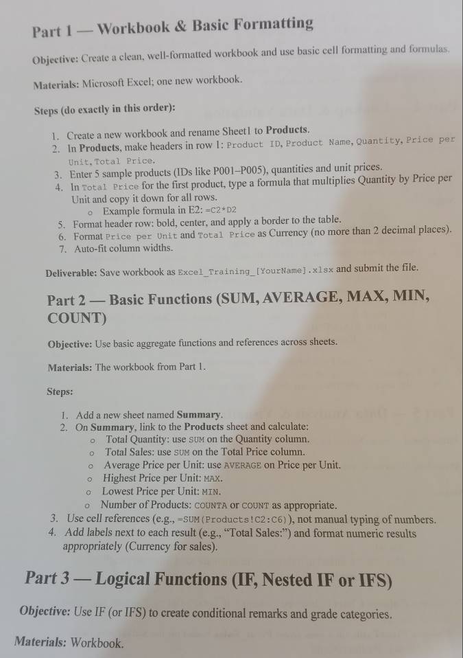 Solved: — Workbook & Basic Formatting Objective: Create a clean, well ...