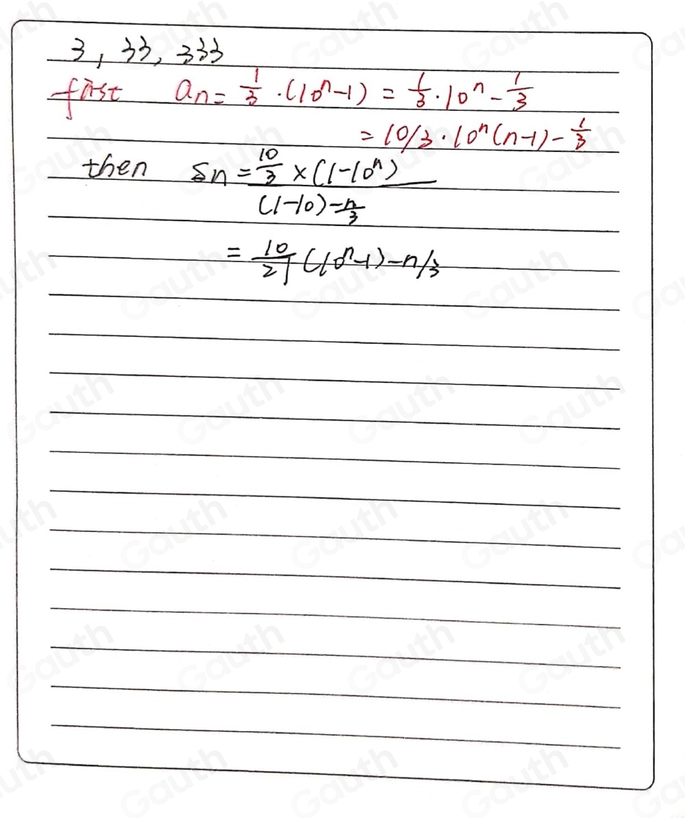 Solved: Find the sum of n terms of the series 3+33+333+·s [Math]