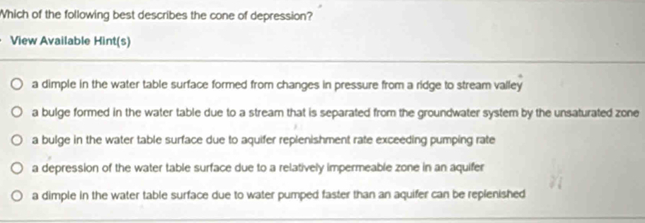 Solved: Which of the following best describes the cone of depression ...