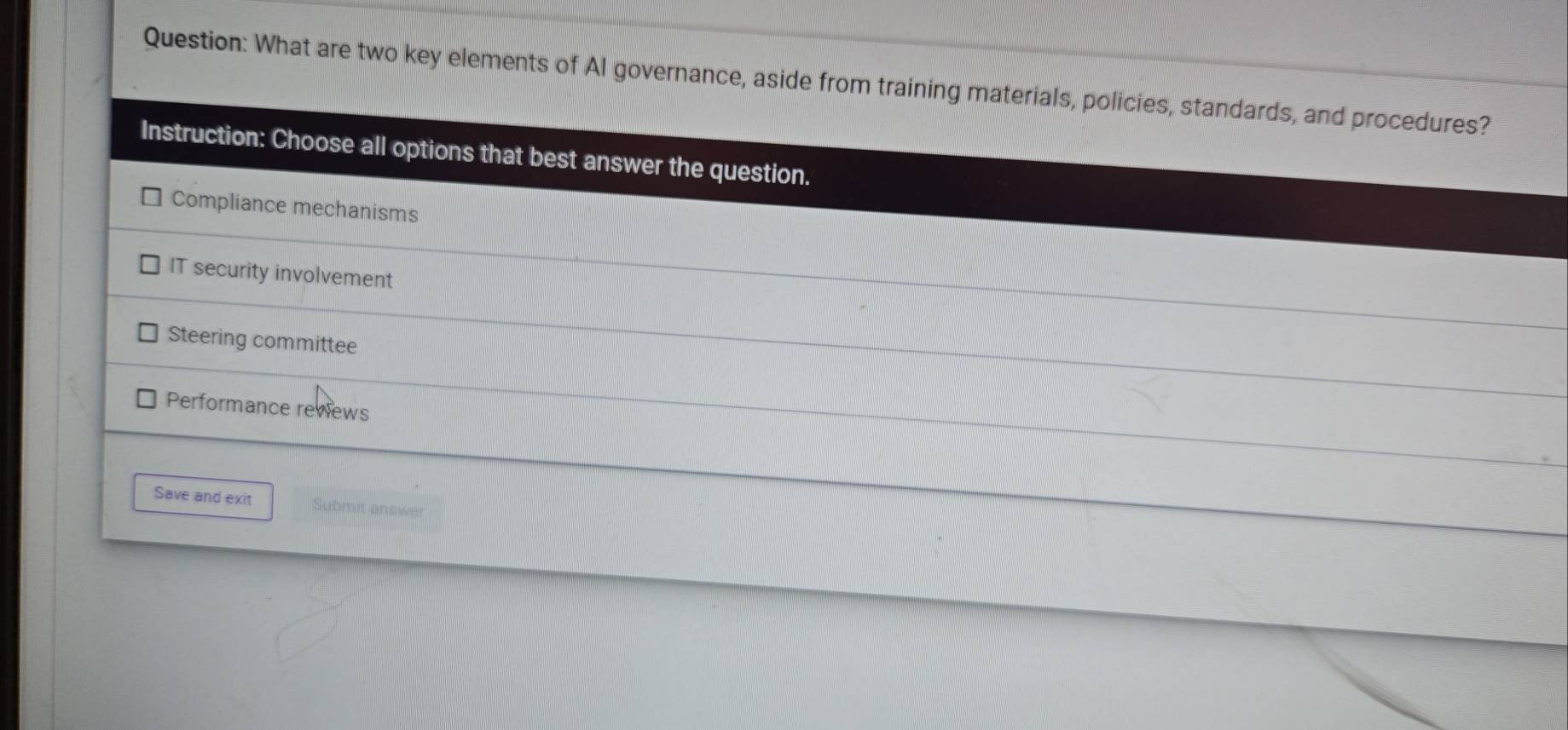 Solved: What are two key elements of AI governance, aside from training ...