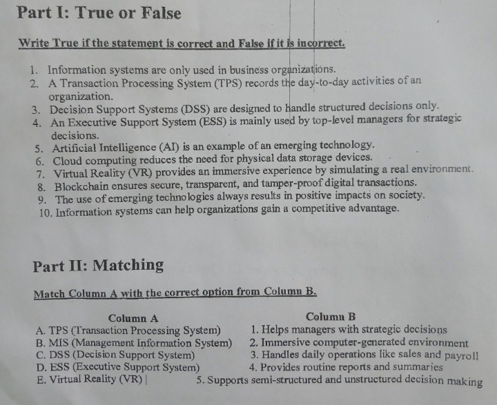 Résolu :True or False Write True if the statement is correct and False ...