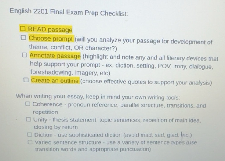 Solved: English 2201 Final Exam Prep Checklist: READ passage Choose ...