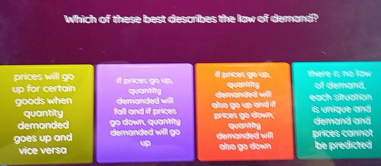 Selesai:Which of these best describes the law of demand? prices will go ...