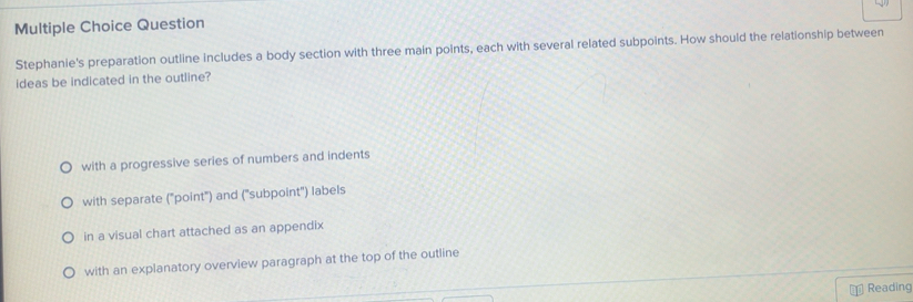 Solved: Question Stephanie's preparation outline includes a body ...