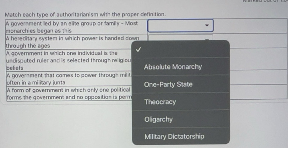 Solved: Match each type of authoritarianism with the proper definition ...