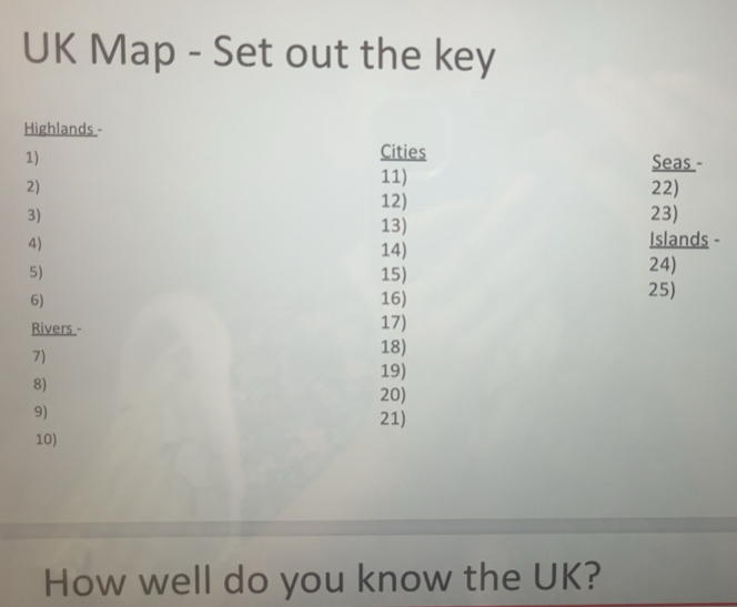 Solved: UK Map - Set out the key Highlands - 1) Cities Seas - 11) 2) 22 ...