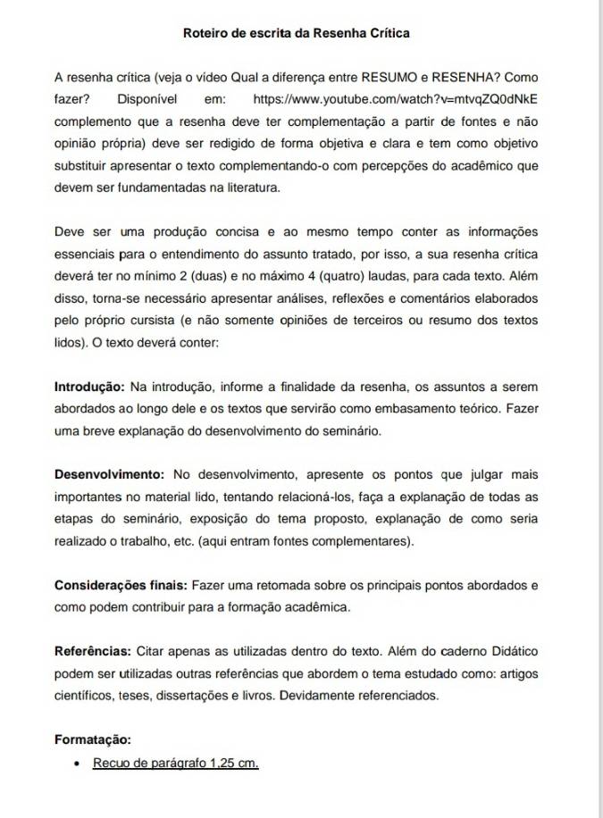 Resolvido:Roteiro de escrita da Resenha Crítica A resenha crítica (veja ...