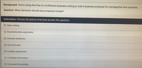 Solved: Background: You're using the Five Cs of effective business ...