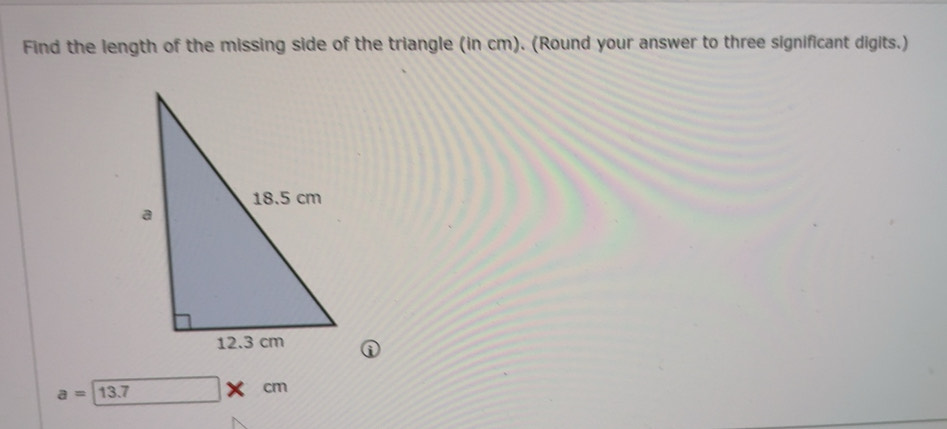 Solved: Find the length of the missing side of the triangle (in cm ...