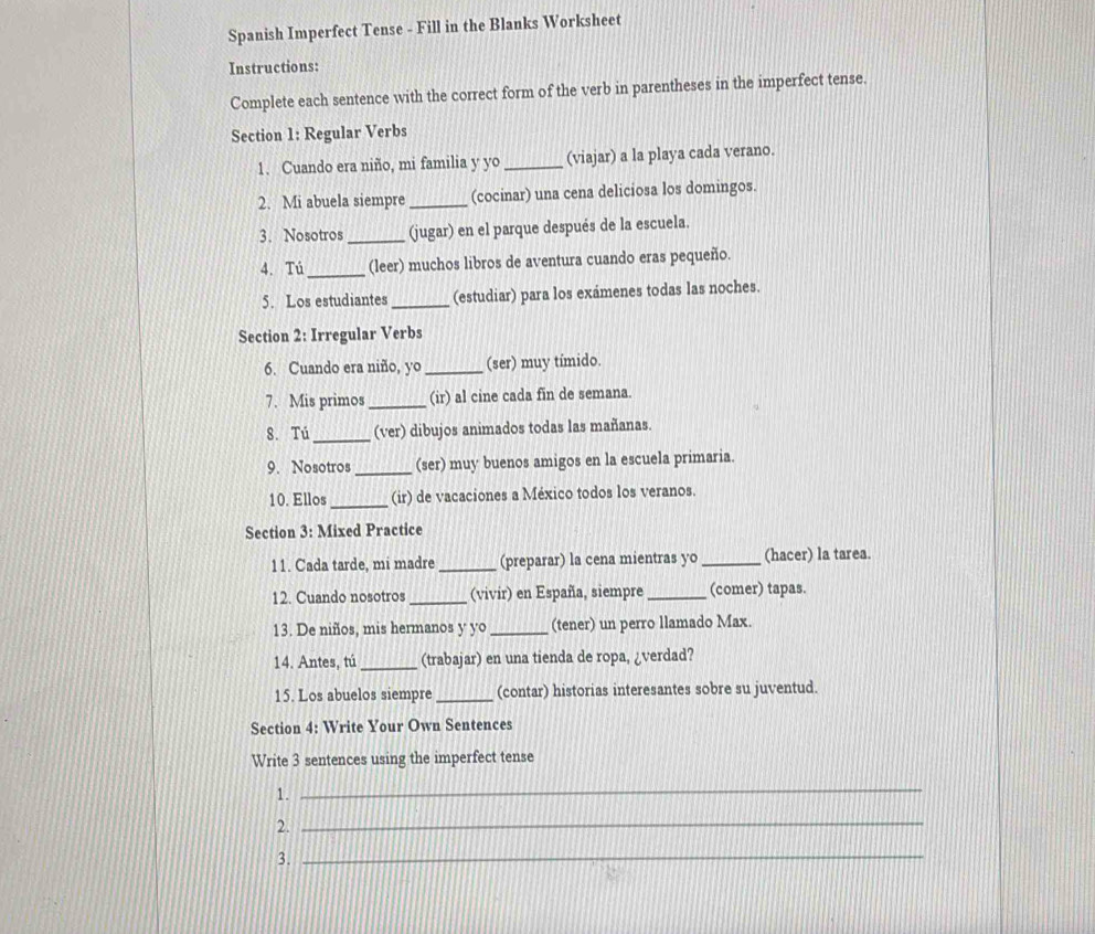 Solved: Spanish Imperfect Tense - Fill in the Blanks Worksheet ...