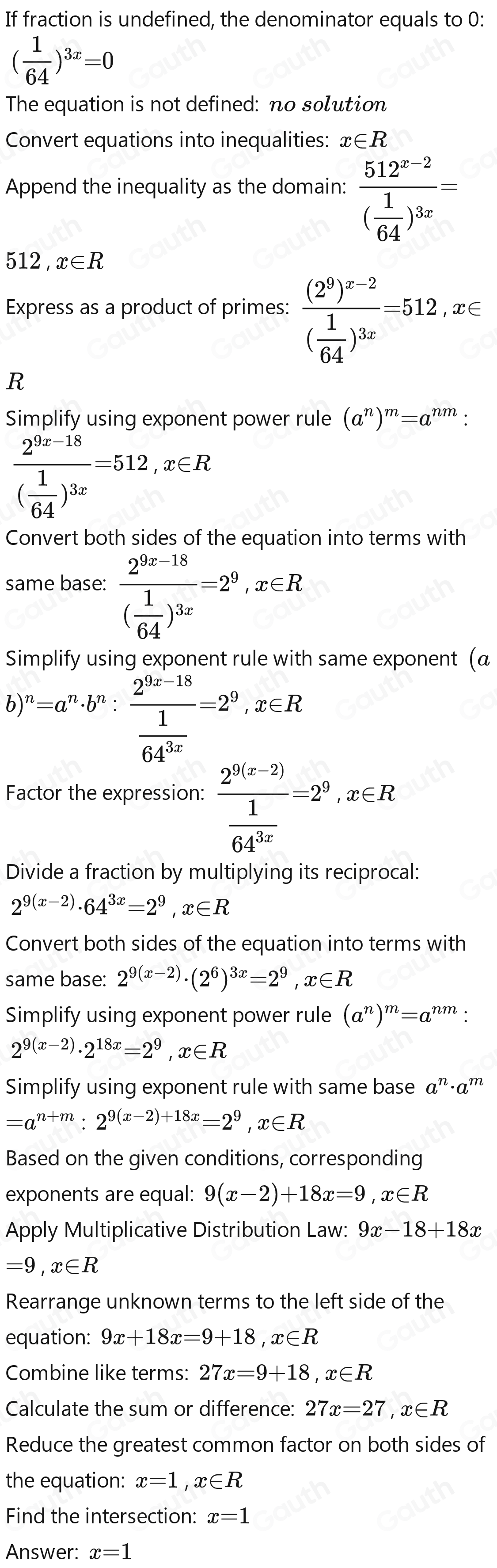 Solved: frac 512^(x-2)( 1/64 )^3x=512 Solve: x=-1 x=0 x=1 no solution ...