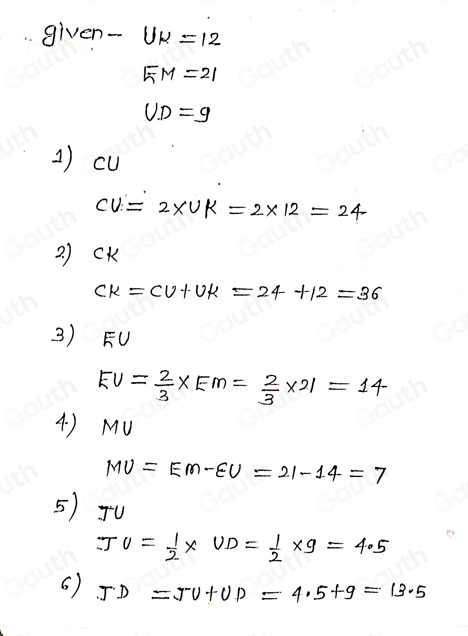 Solved: In CDE , U is the centroid, UK=12, EM=21, and UD=9. Find each ...