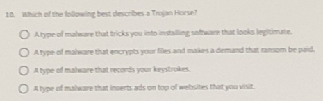 Solved: Which of the following best describes a Trojan Horse? A type of ...