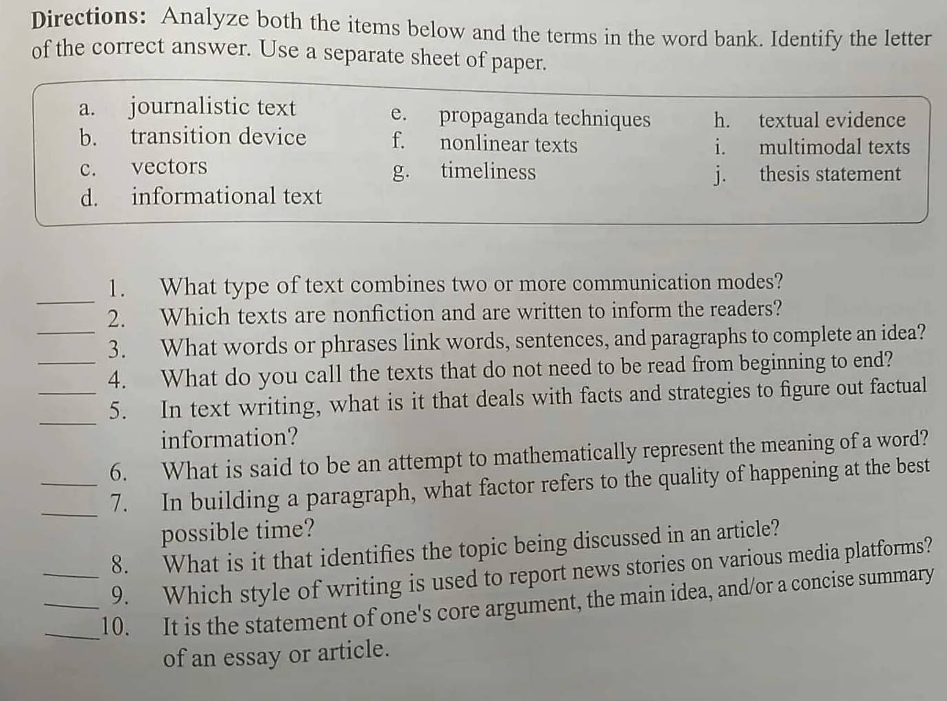 Solved: Directions: Analyze both the items below and the terms in the ...