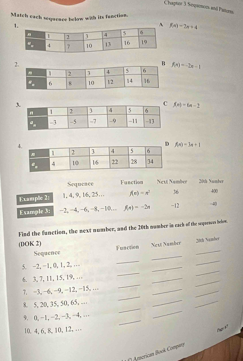 Solved: Chapter 3 Sequences and Patterns Match each sequence below with its function. 1 A f(n ...