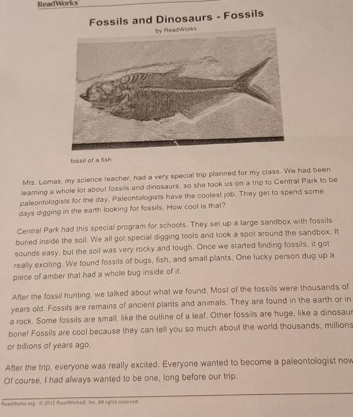 Solved: ReadWorks Fossils and Dinosaurs - Fossils fossil of a fish Mrs ...