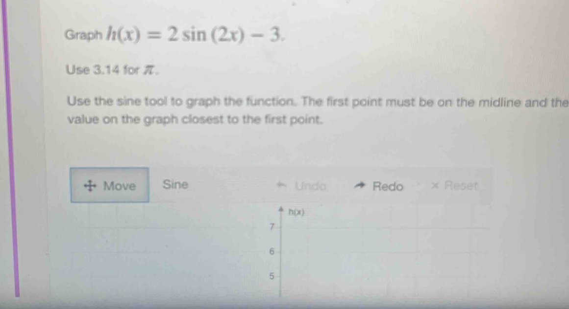 Solved: Graph h(x)=2sin (2x)-3. Use 3.14 for π. Use the sine tool to graph the function. The ...