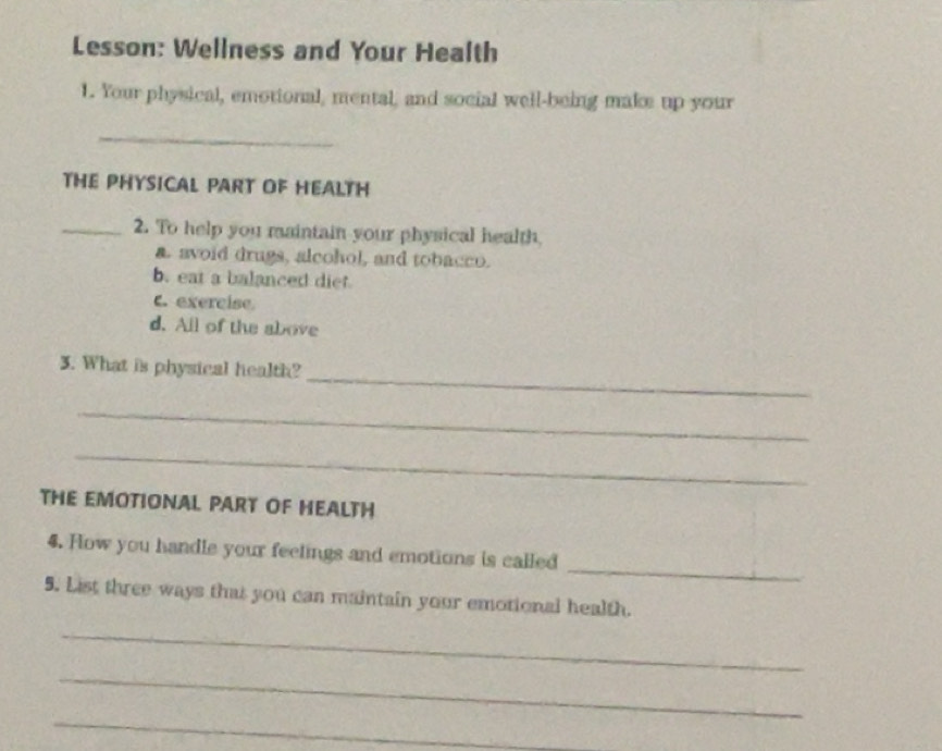 Solved: Lesson: Wellness and Your Health 1. Your physical, emotional ...