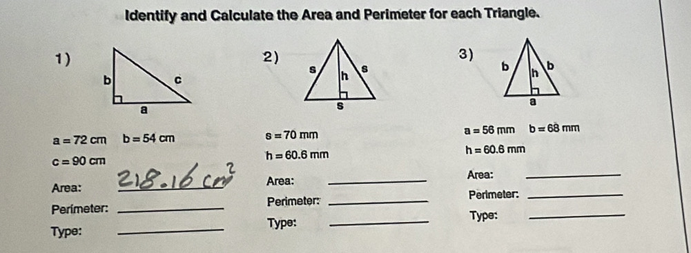Solved: ldentify and Calculate the Area and Perimeter for each Triangle ...