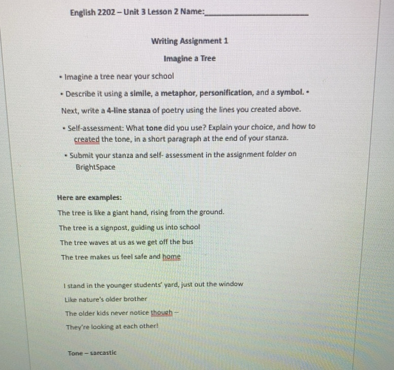 Solved: English 2202 - Unit 3 Lesson 2 Name:_ Writing Assignment 1 ...