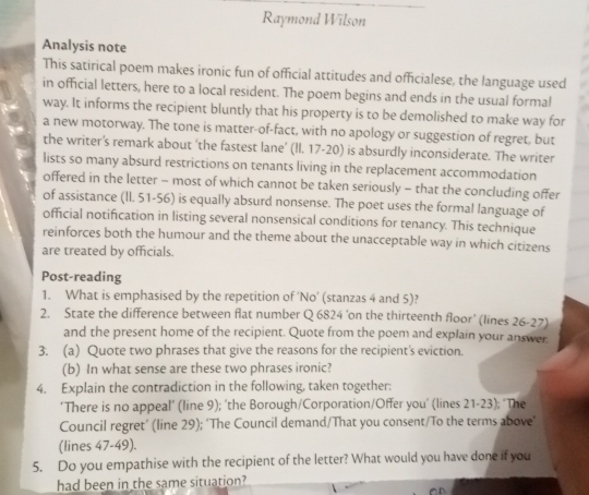 Solved: Raymond Wilson Analysis note This satirical poem makes ironic ...