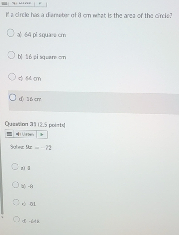 Solved: If a circle has a diameter of 8 cm what is the area of the ...