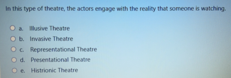 Solved: In this type of theatre, the actors engage with the reality ...