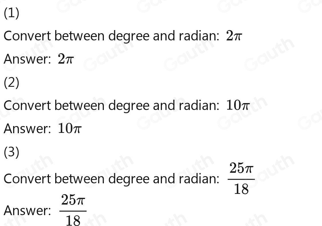 Resolvido:tramforme em nodiano a. 360°=2 π (b. 1800°= C. 250°